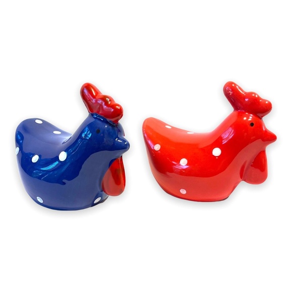 Accents | Chubby Ceramic Chickens Red Blue White Polka Dots Hand ...